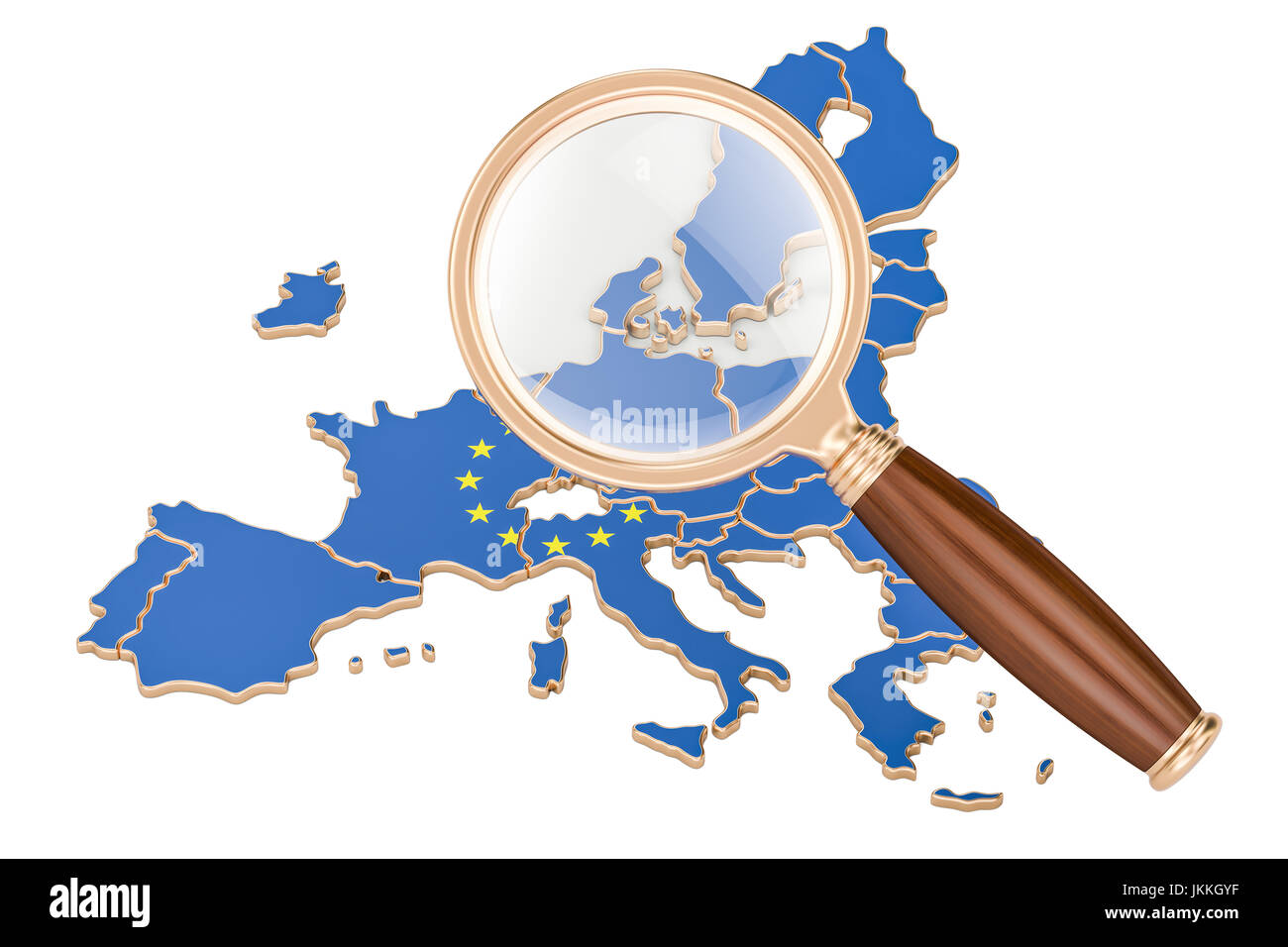EU under magnifying glass, analysis concept, 3D rendering isolated on ...