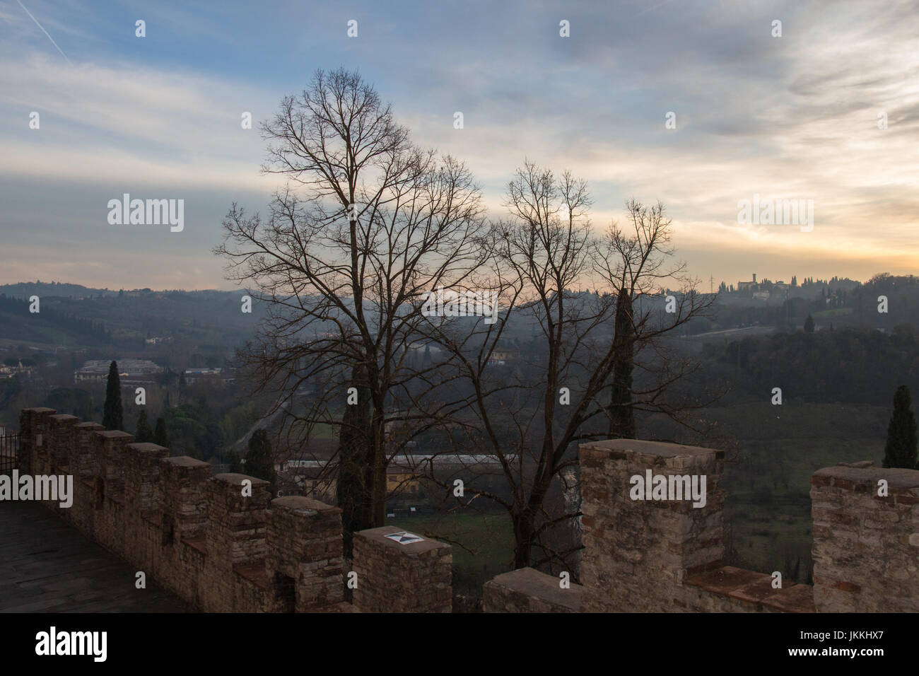 View of the ancient wall of Certosa di firenze and Tuscan landscape on ...