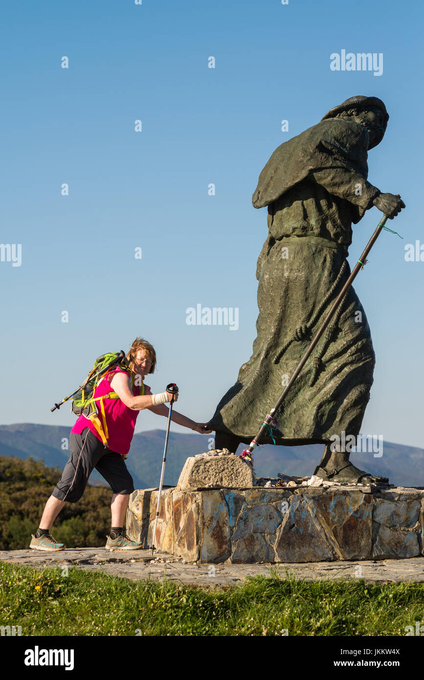 Pilgrim statue in San Roque hill, Galicia, Spain. Camino de Santiago ...