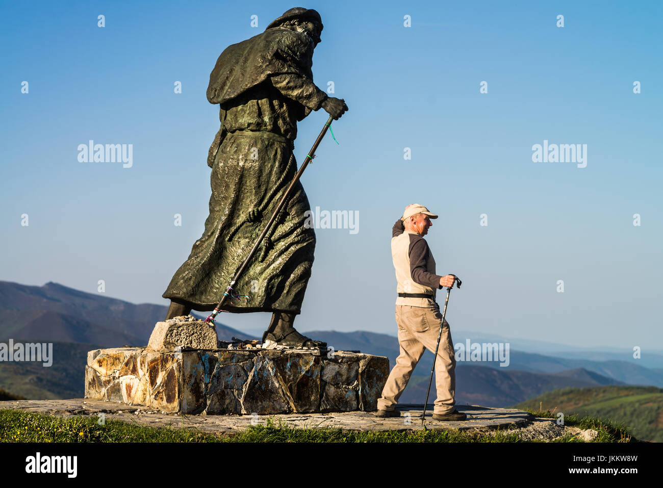 Pilgrim statue in San Roque hill, Galicia, Spain. Camino de Santiago ...
