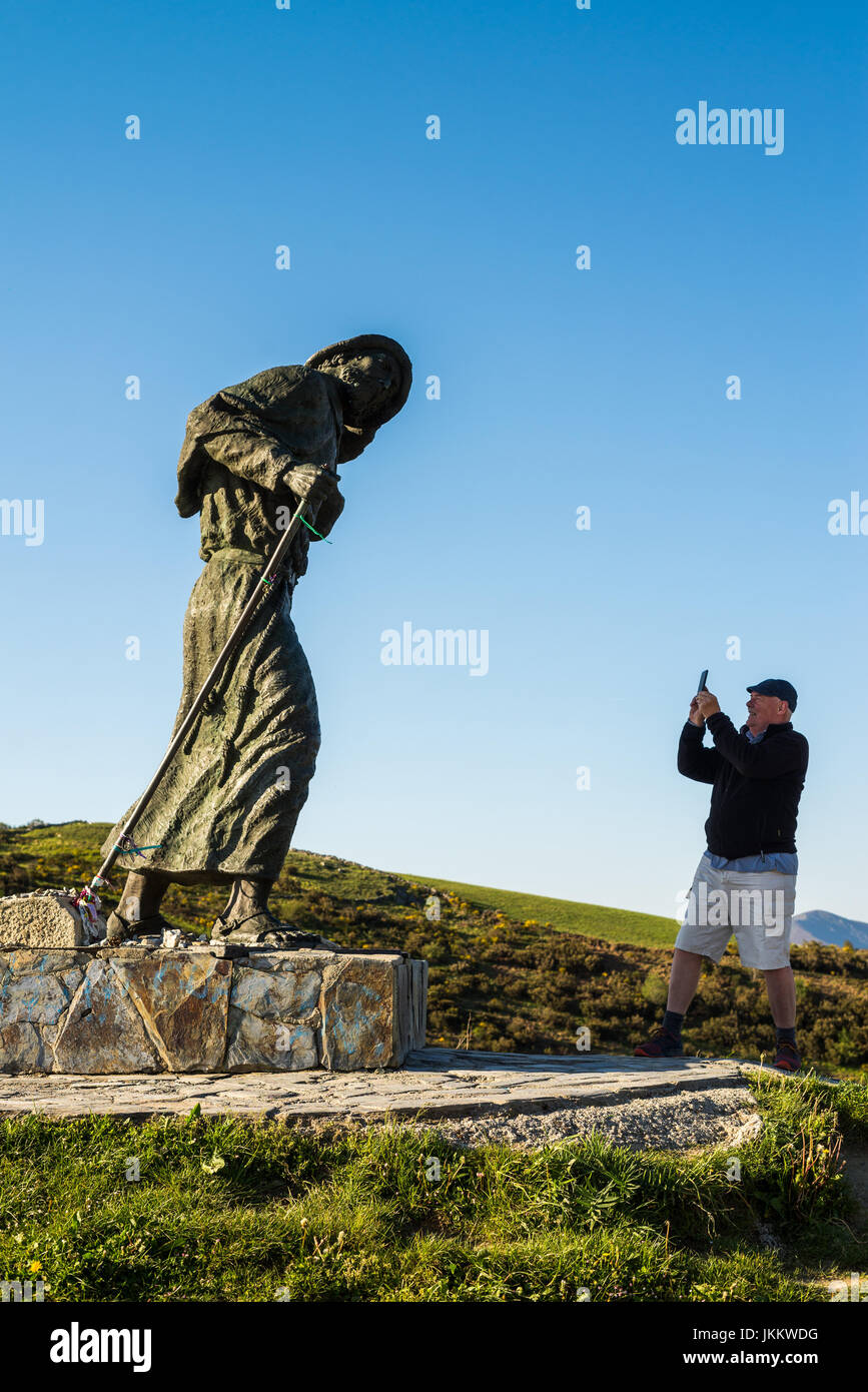 Pilgrim statue in San Roque hill, Galicia, Spain. Camino de Santiago ...