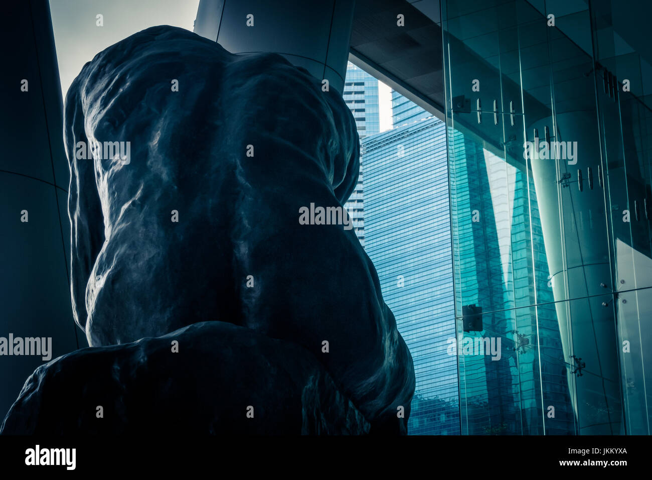 Thinker statue reflecting with skyscrapers - December 2016 Stock Photo ...