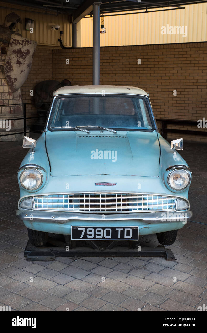 LEAVESDEN, UK - JUNE 19TH 2017: A blue Ford Anglia prop, at the Making ...