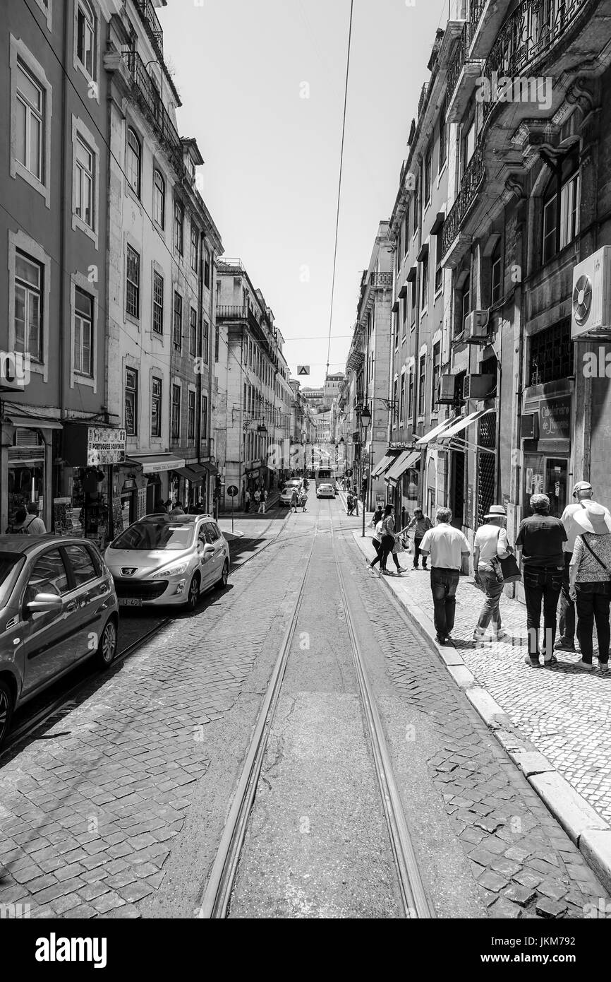Typical street view in Lisbon with tram tracks - LISBON - PORTUGAL ...