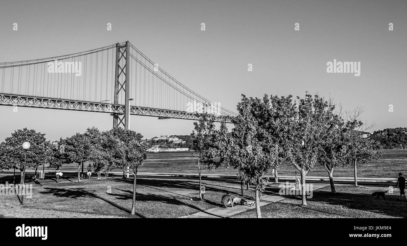 Famous 25th April Bridge over River Tajo in Lisbon aka Salazar Bridge ...