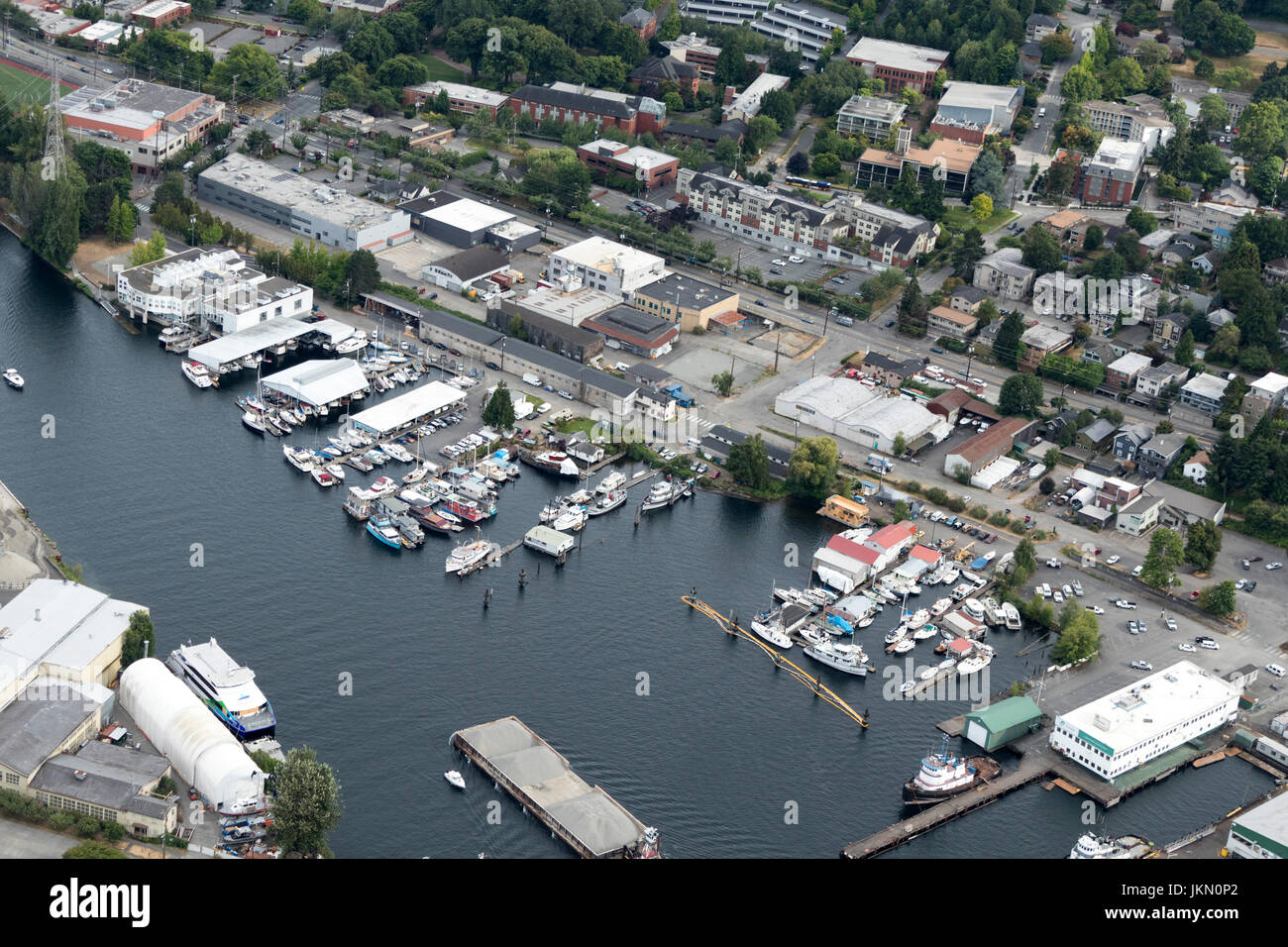 aerial view of boats and houses near marina at Fremont Cut, North Queen ...