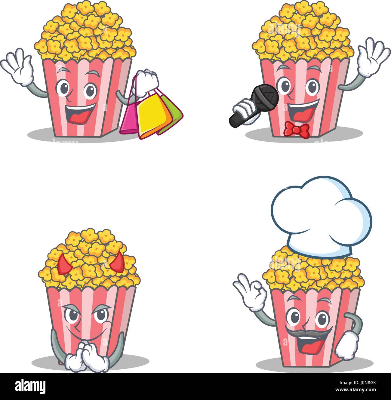 Set of Popcorn character with shopping karaoke devil chef Stock Vector ...