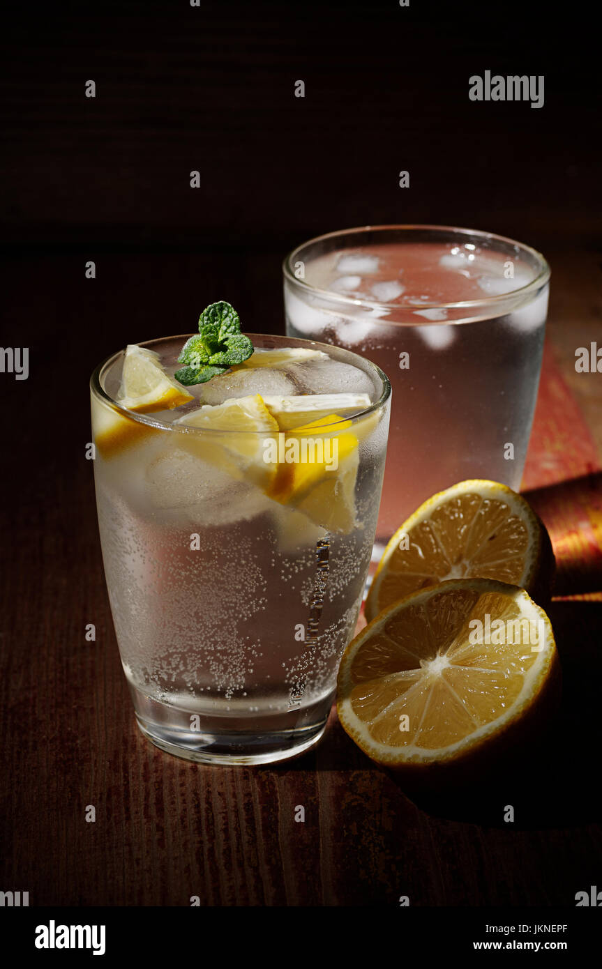 Cold fresh lemonade on the woden table Stock Photo - Alamy