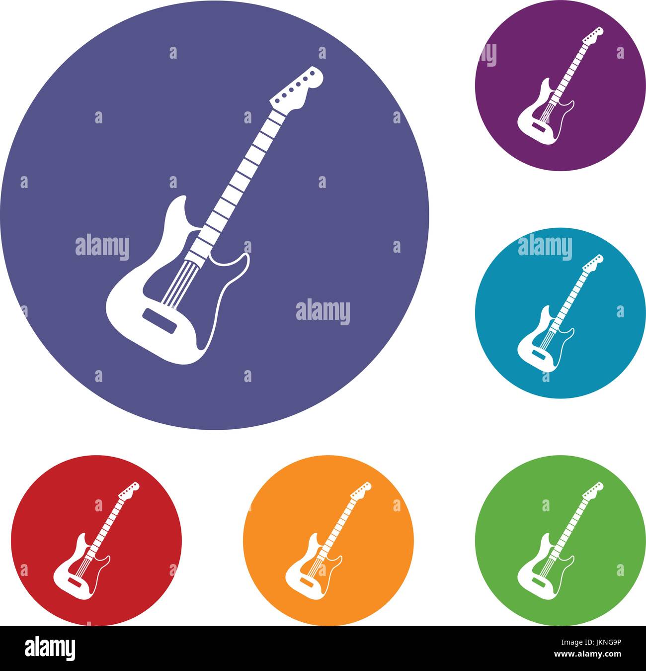 Acoustic guitar icons set in flat circle red, blue and green color for ...