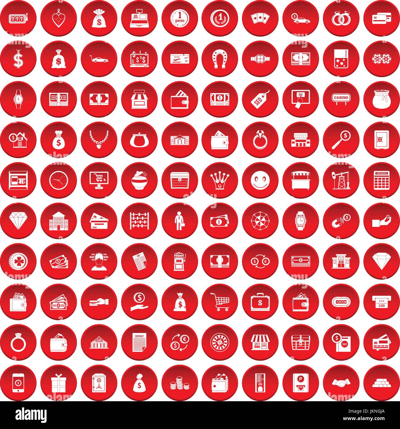 100 money icons set in red circle isolated on white vector illustration ...