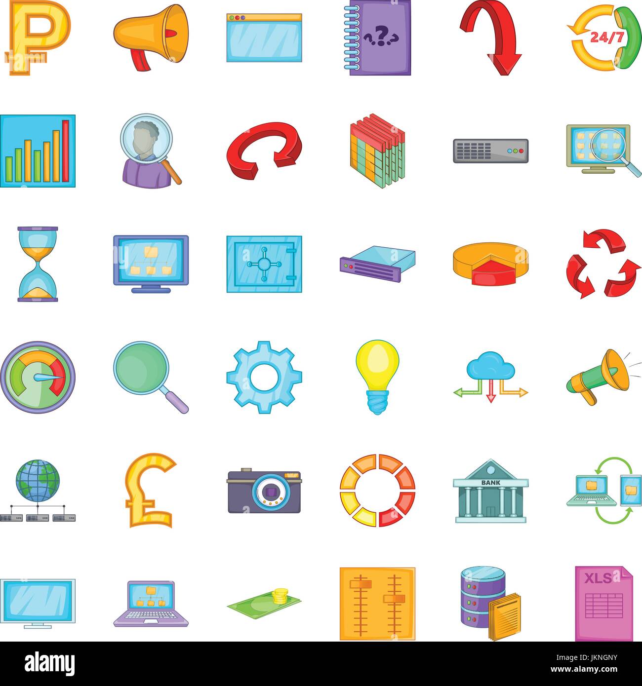 Different analytics icons set. Cartoon style of 36 different analytics ...