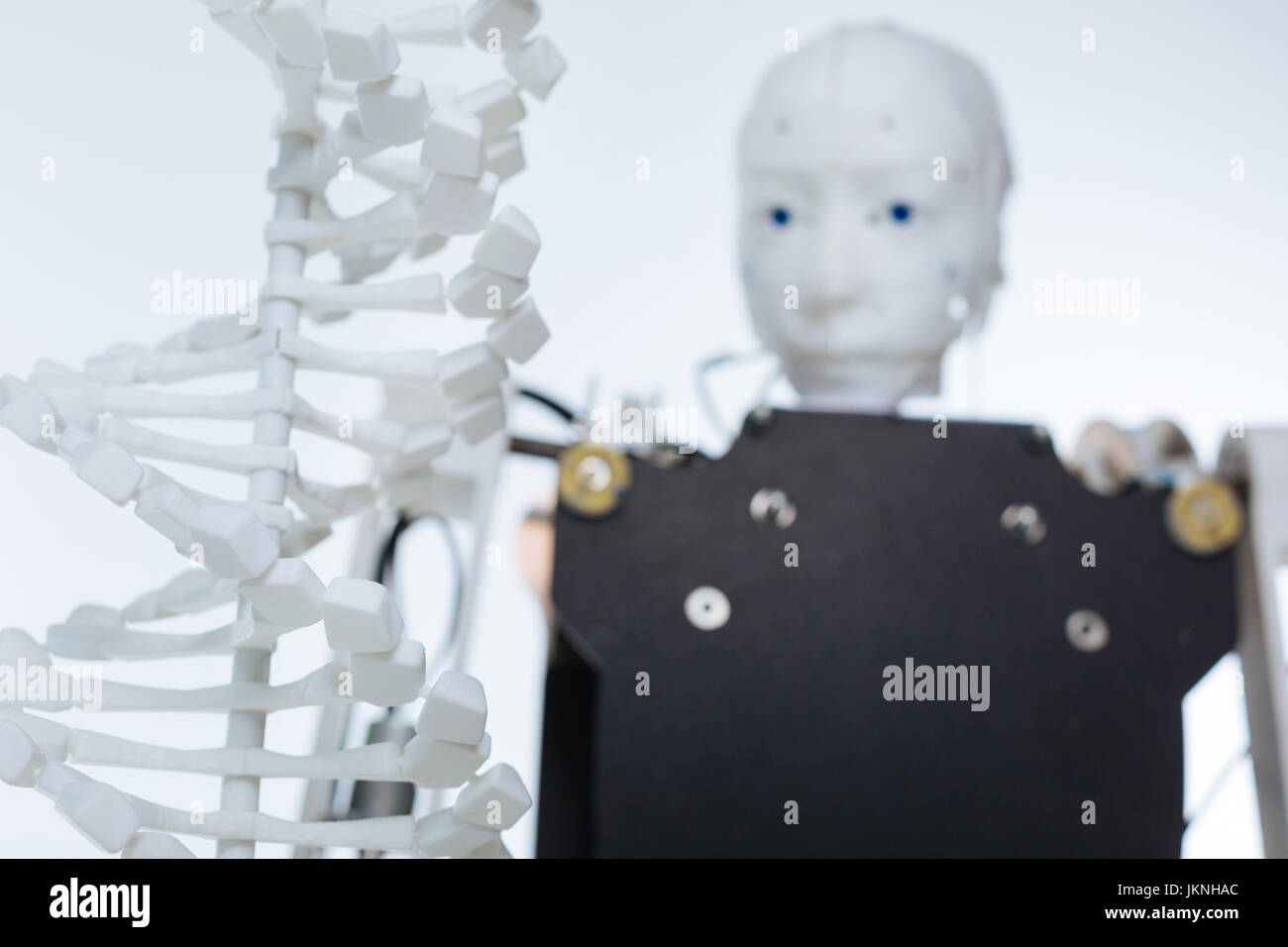 Intelligent robot staring at the model of a DNA Stock Photo - Alamy