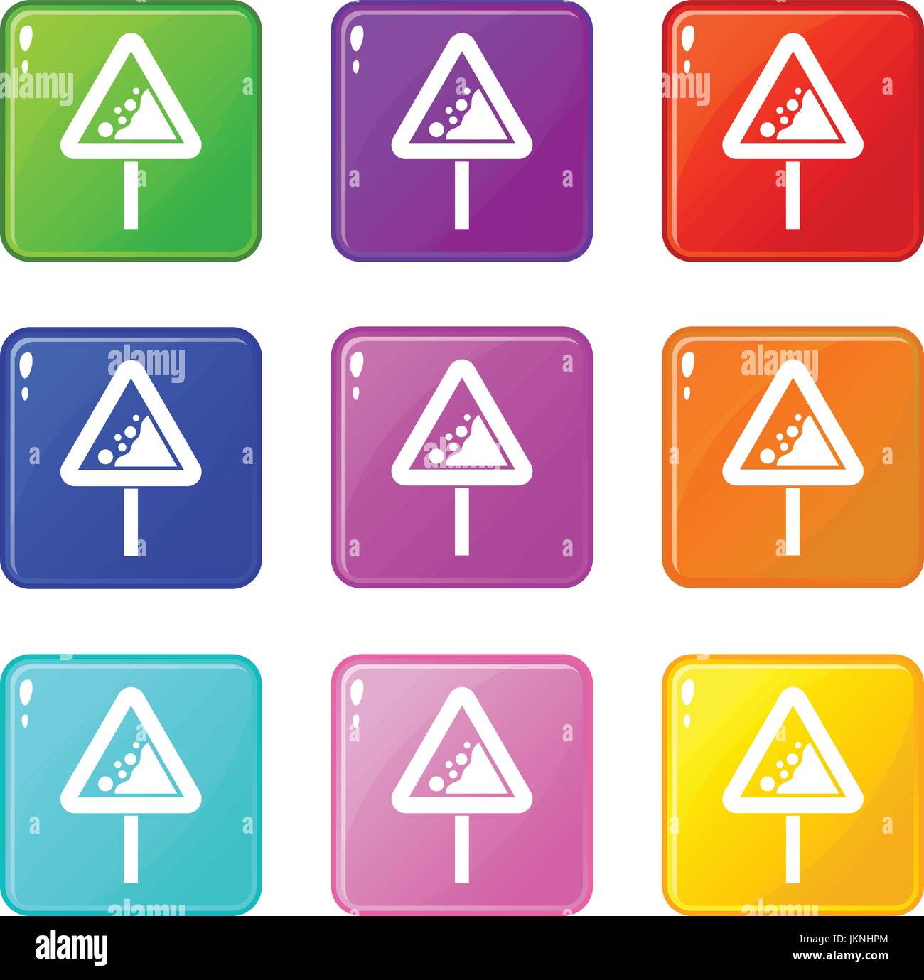 Falling rocks warning traffic sign icons of 9 color set isolated vector ...