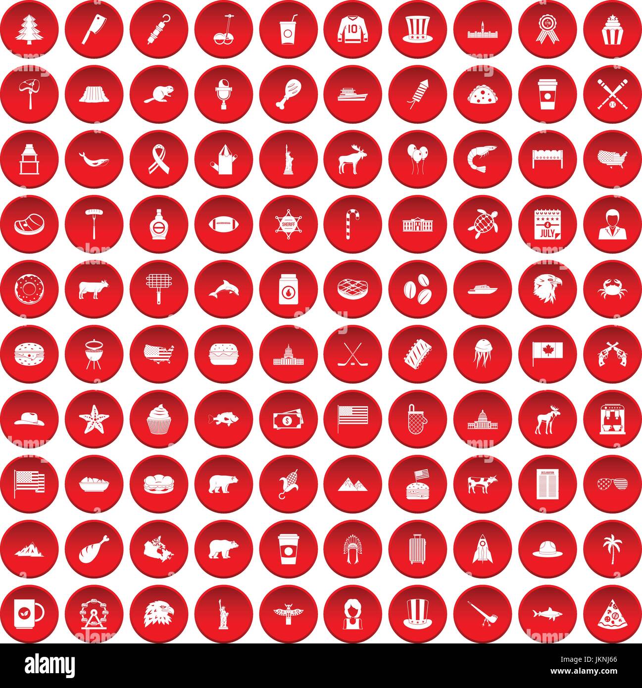 100 North America icons set in red circle isolated on white vector ...