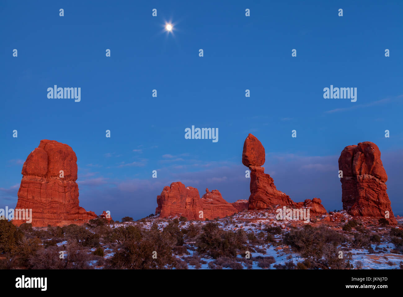moon rise over the Balanced Rock in Arches National Park, Utah, USA ...