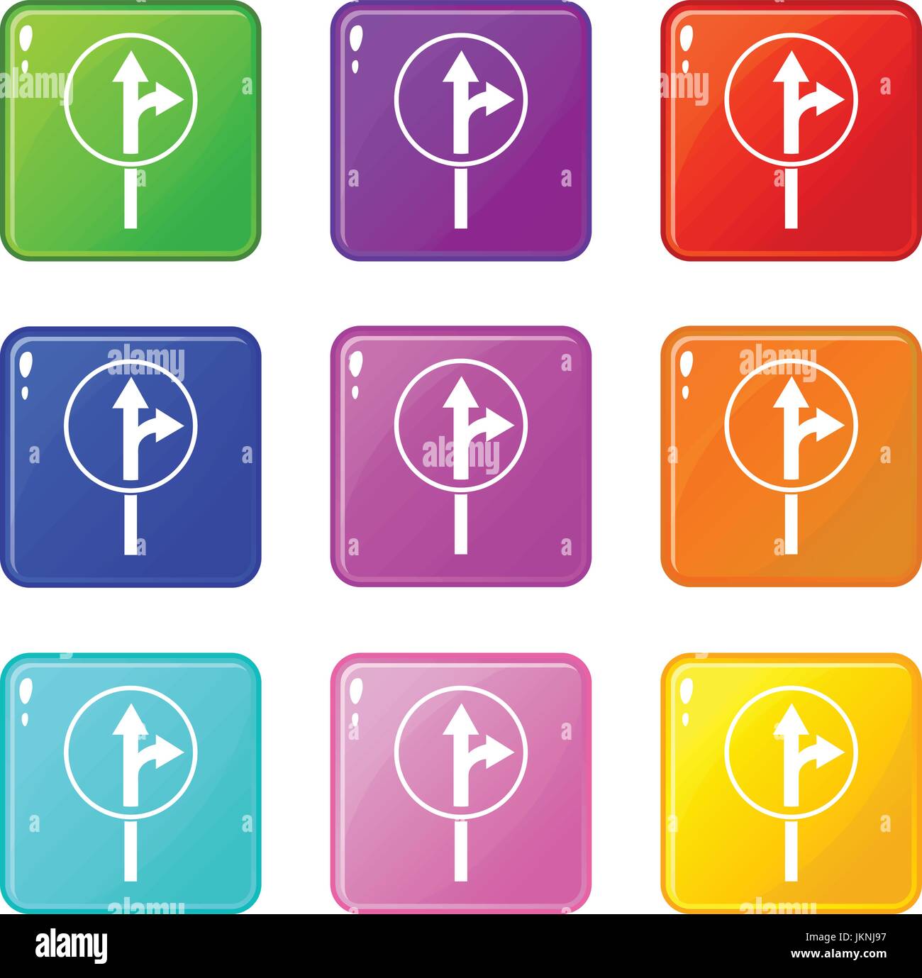 Straight or right turn ahead road sign icons of 9 color set isolated ...