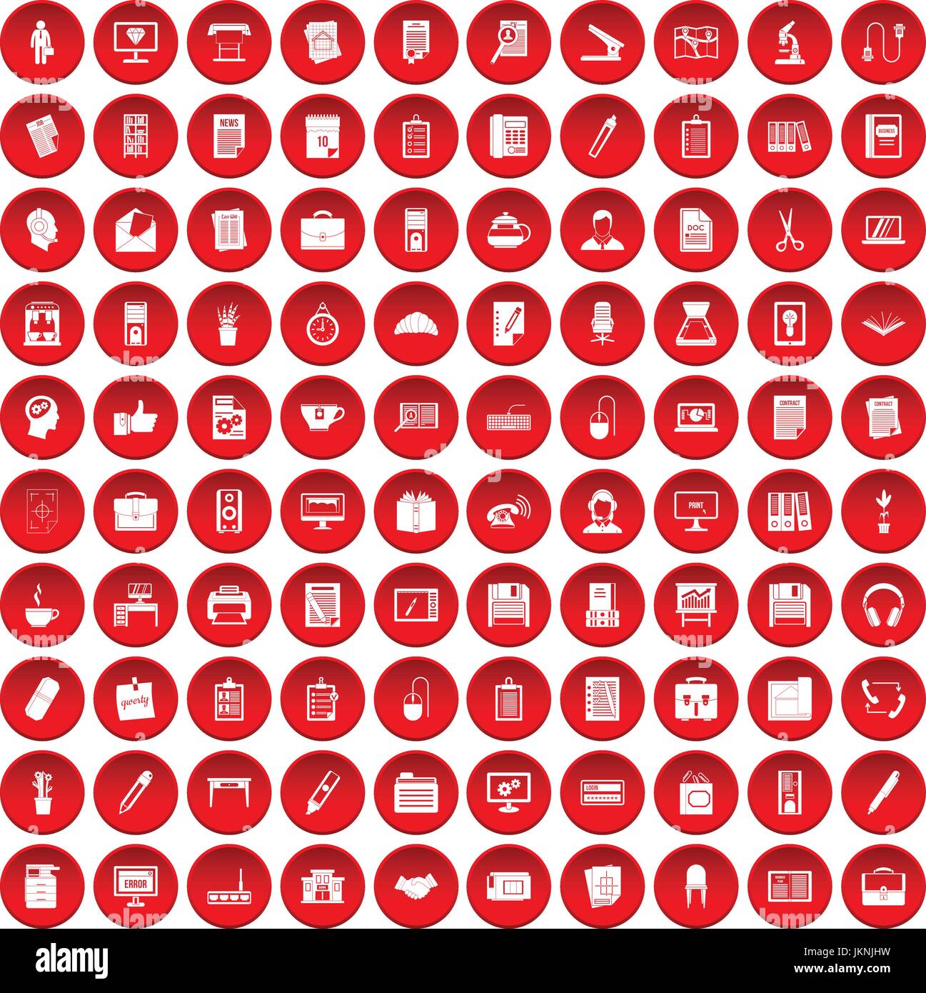 100 office icons set in red circle isolated on white vector ...