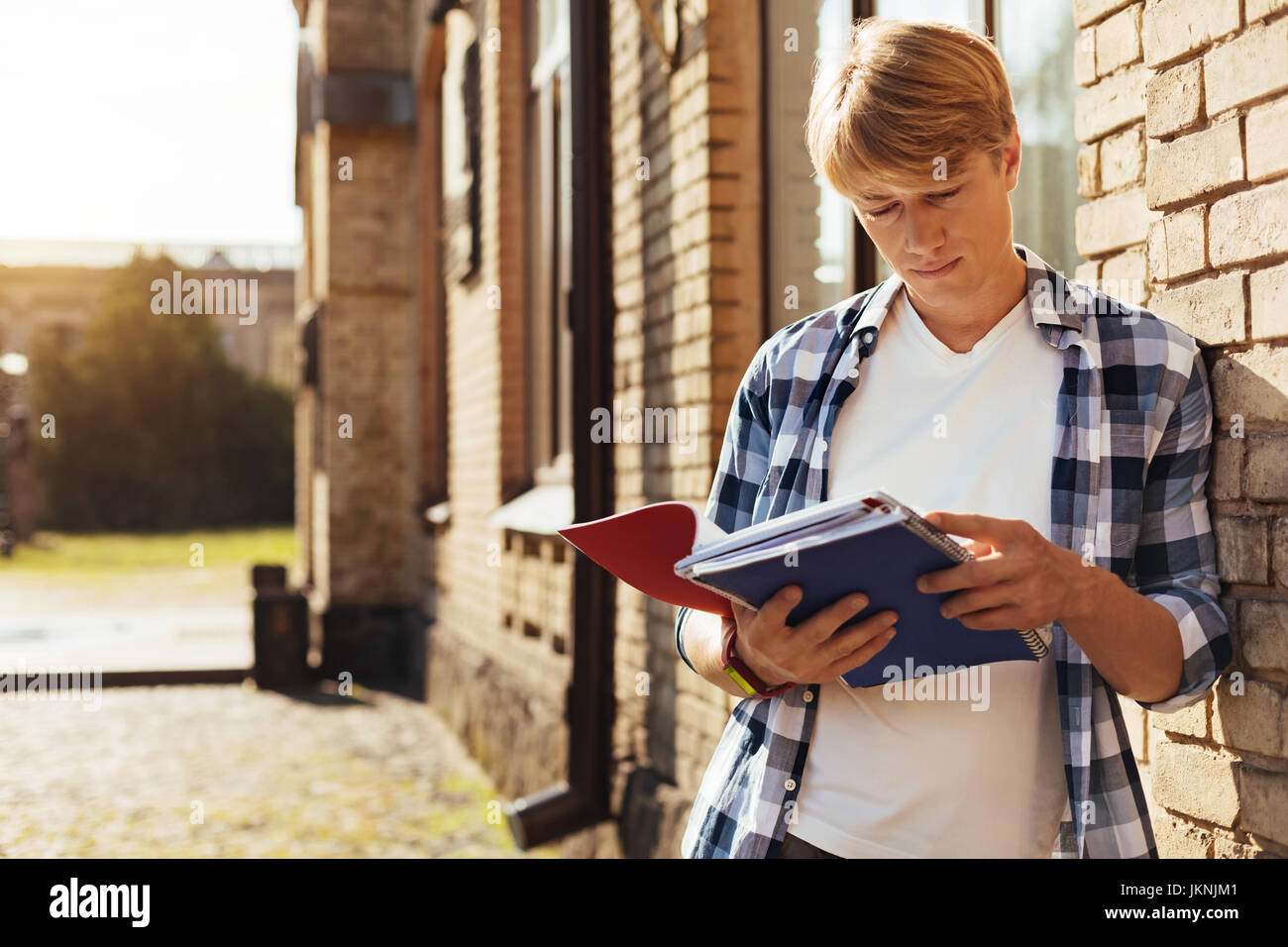Dreamy productive man looking through his notes Stock Photo - Alamy