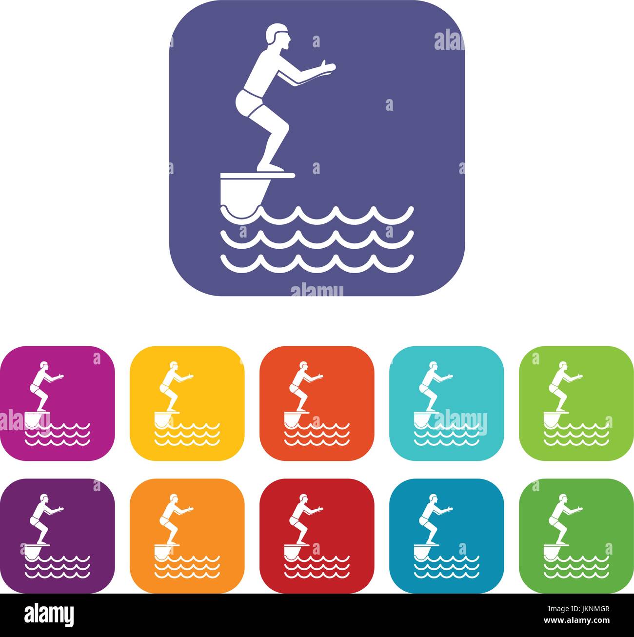 Man standing on springboard icons set vector illustration in flat style ...