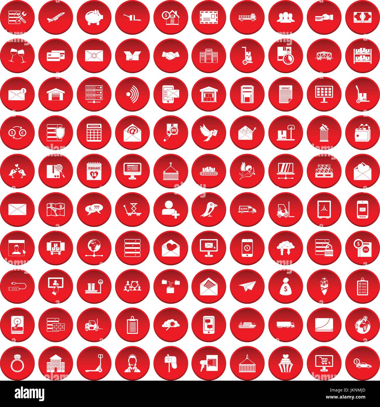 100 postal service icons set in red circle isolated on white vector ...