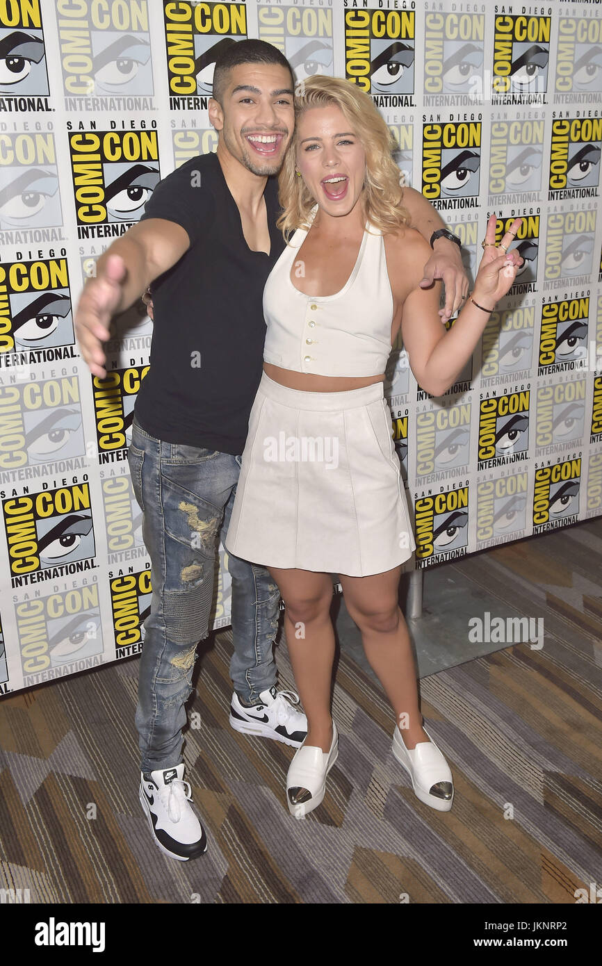 Rick Gonzalez and Emily Bett Rickards attend the 'Arrow' press line ...