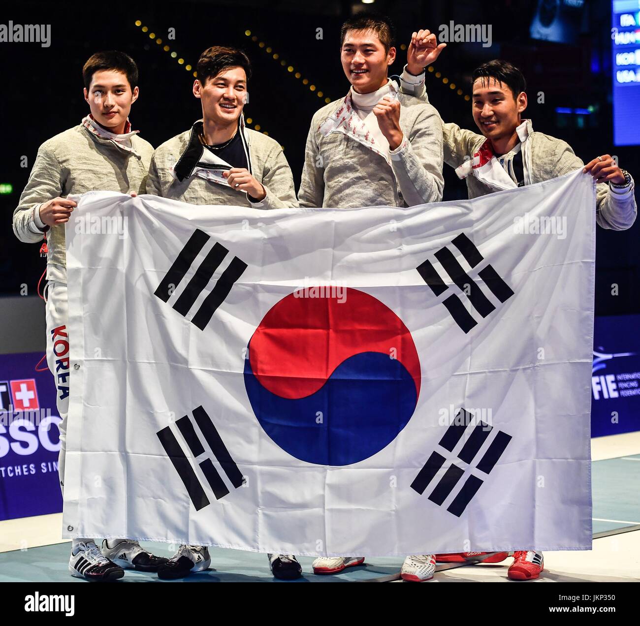 First gold in men's team sabre This EPA photo taken on July 24, 2017 ...