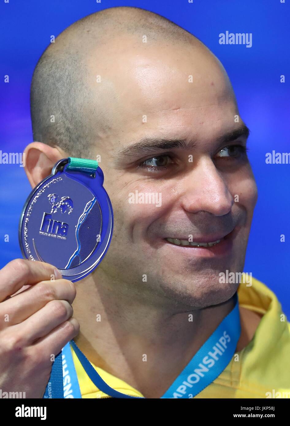 Budapest. 24th July, 2017. Nicholas Santos of Brazil shows his medal ...