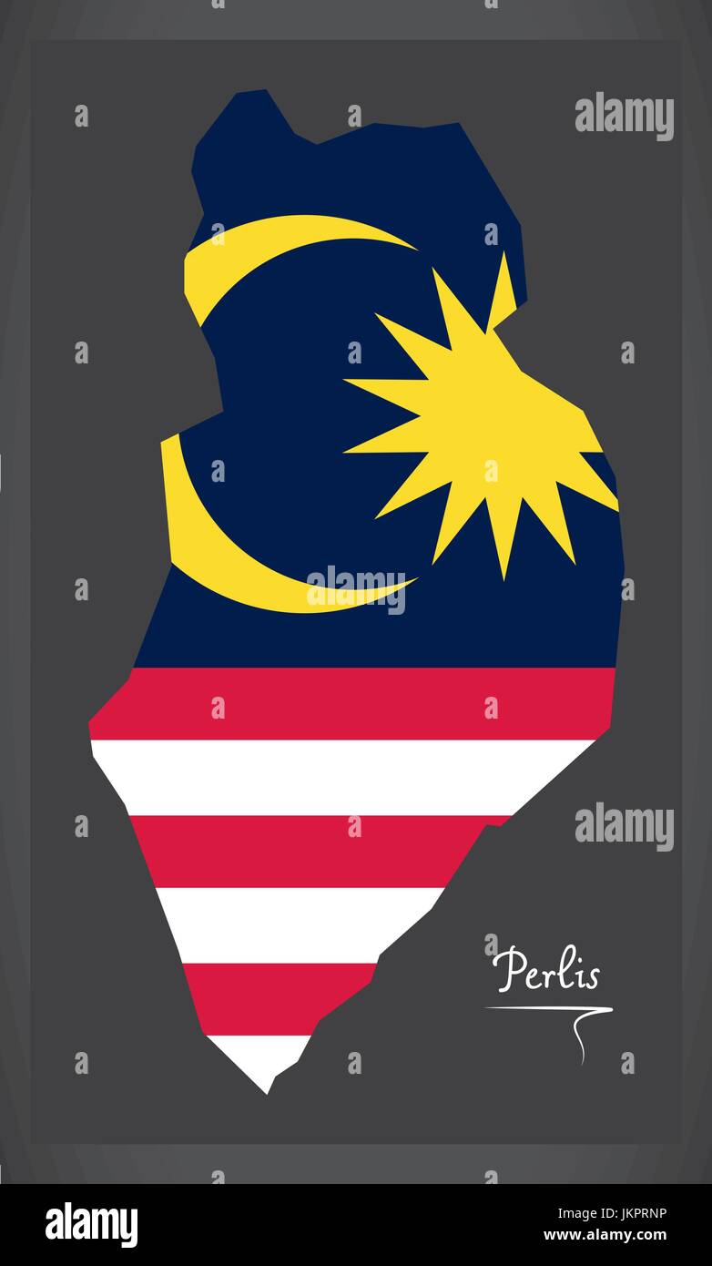 Perlis Malaysia map with Malaysian national flag illustration Stock ...