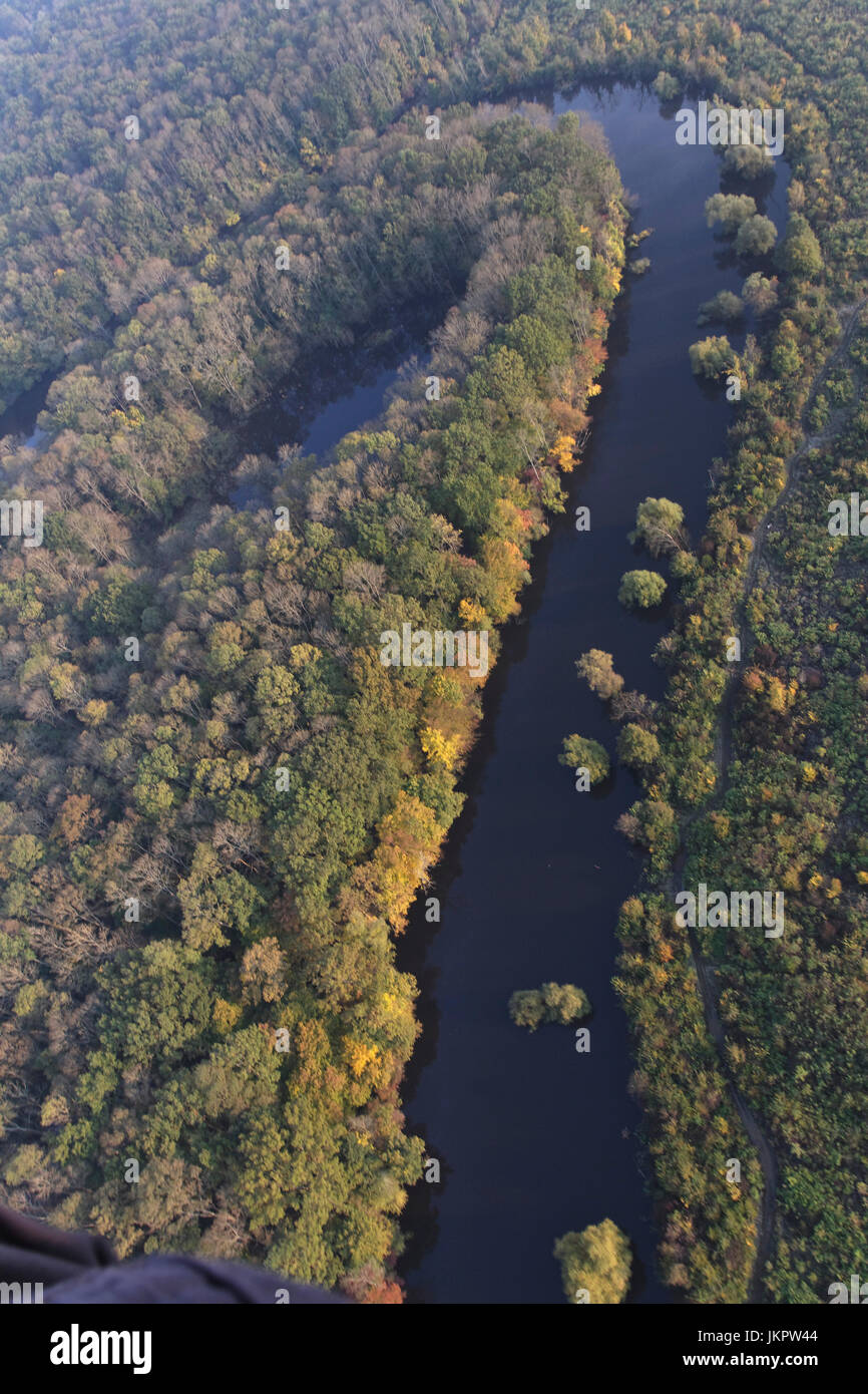 Aerial footage of flood forest along the Lonja River in Lonjsko polje ...