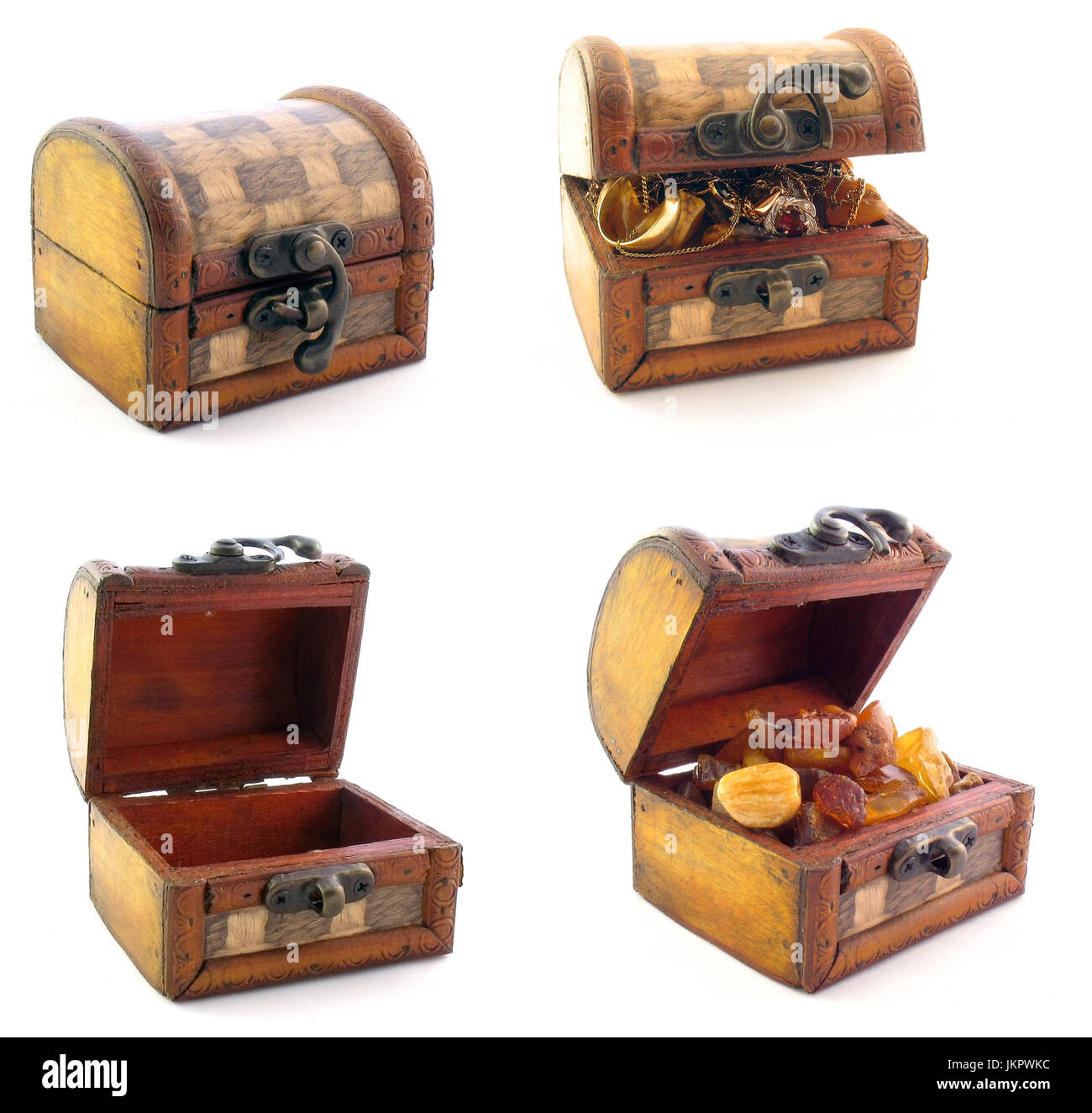 Wooden chests in set: open, close, empty and full Stock Photo - Alamy