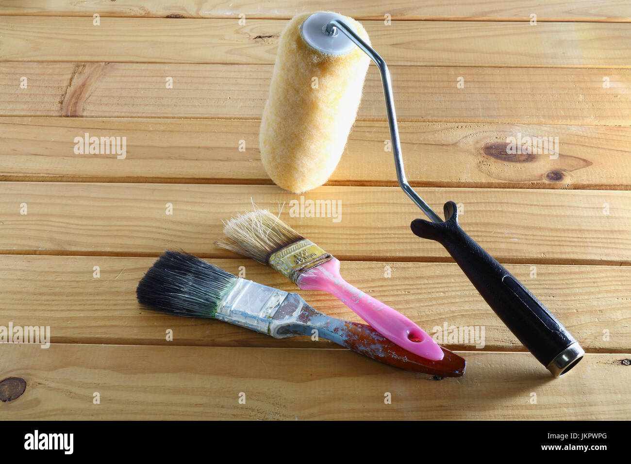 Painting Tools on Wooden Background Stock Photo - Alamy