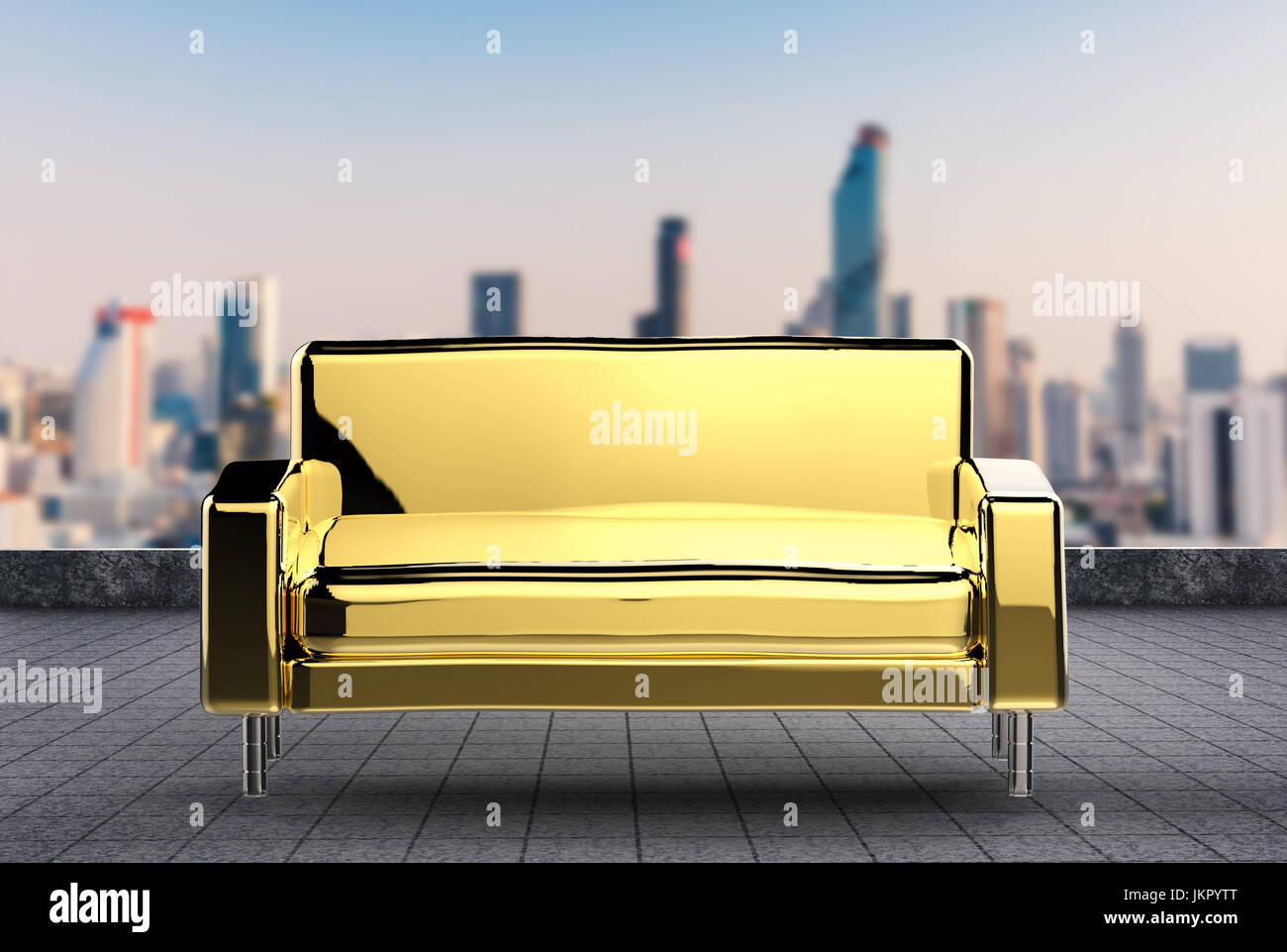 3d rendering gold sofa on cityscape background Stock Photo - Alamy