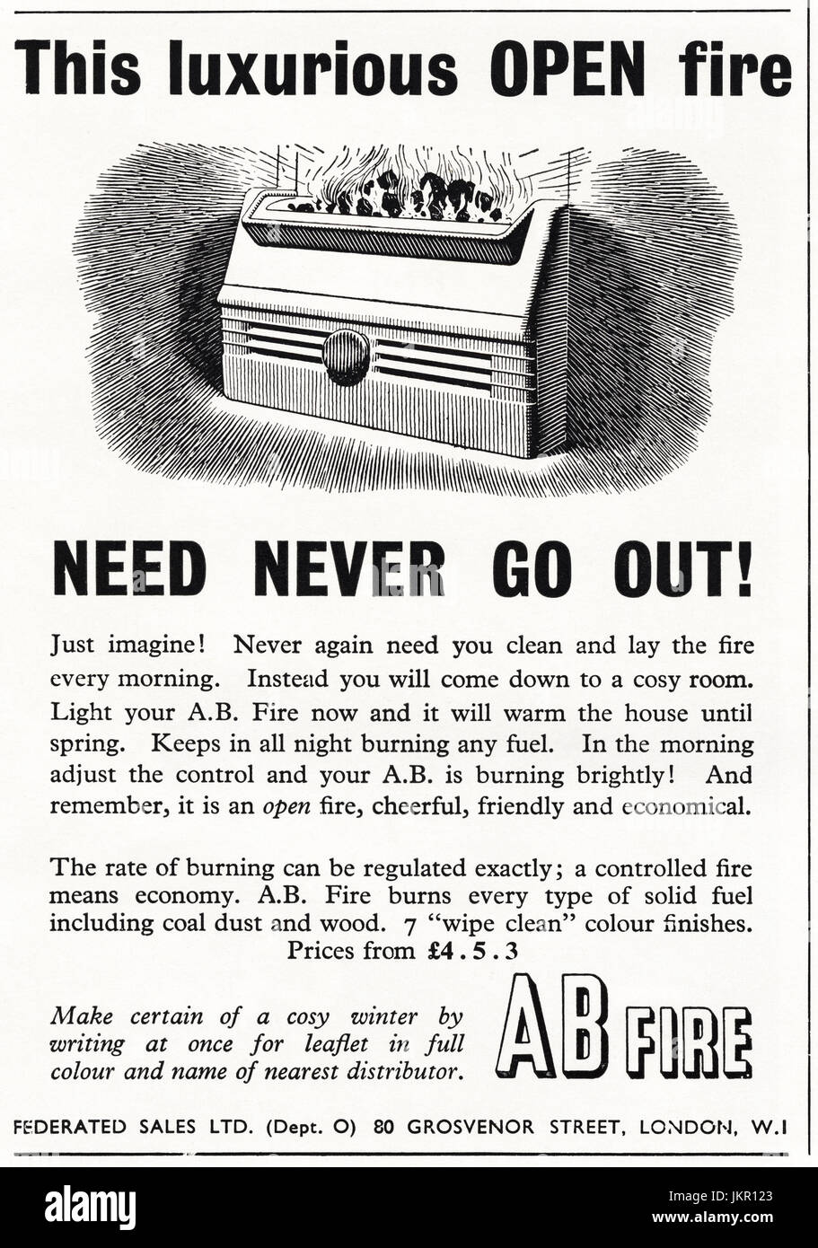 1950s old vintage original advertisement advertising AB Fire and open ...