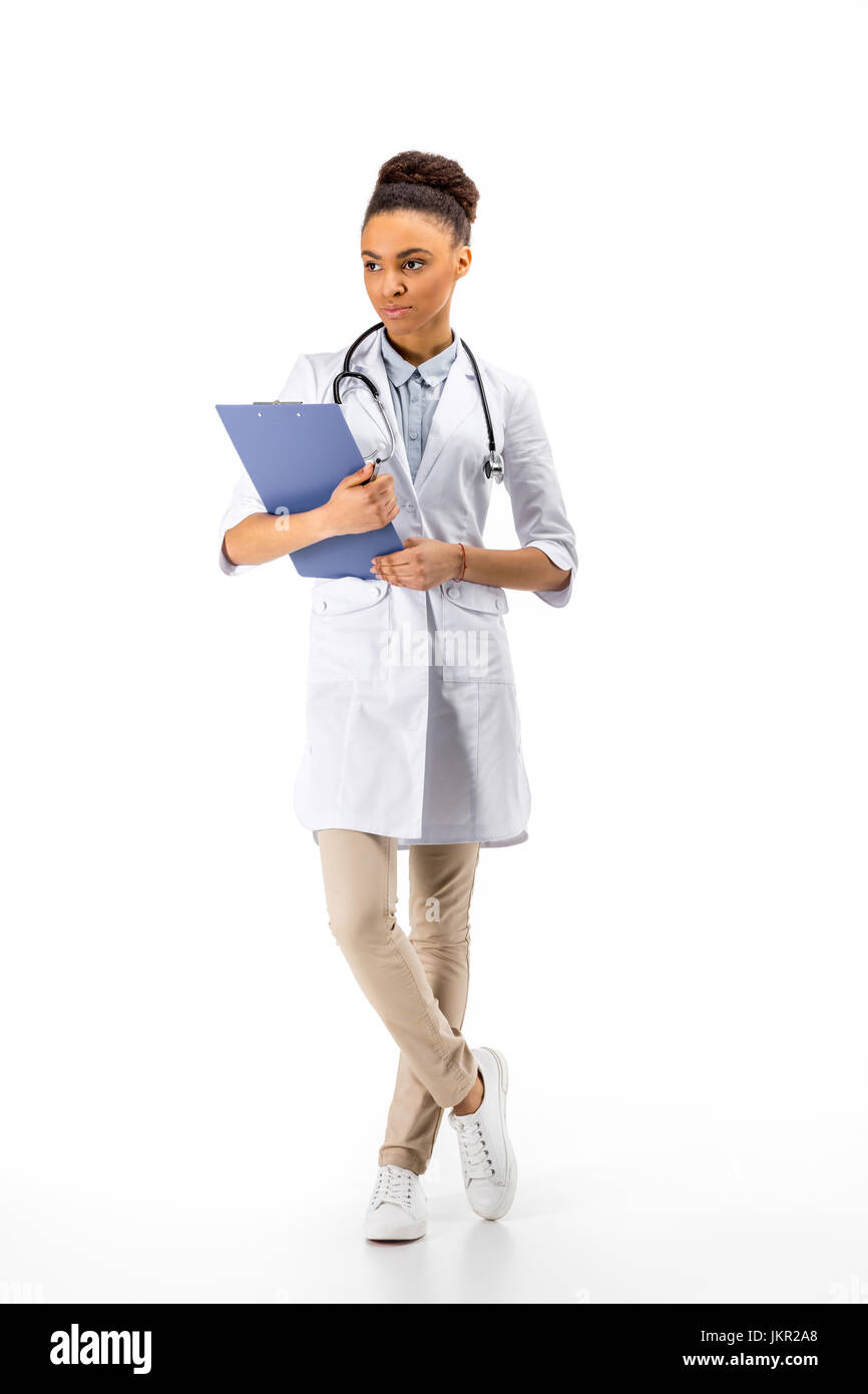 african american female doctor standing with diagnosis isolated on ...