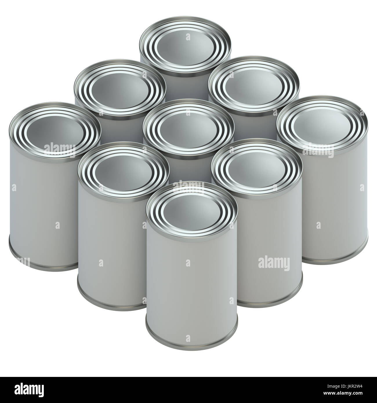 Group of metal tin cans with white paper labels Stock Photo - Alamy