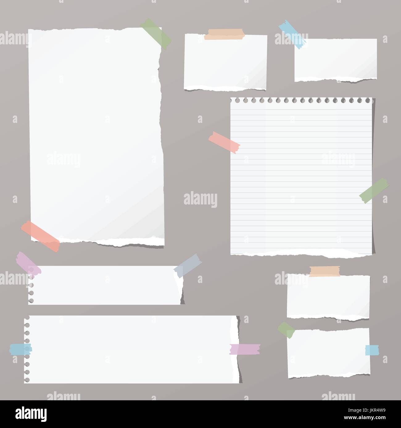 Ripped blank, ruled note, notebook, copybook paper sheets stuck with ...