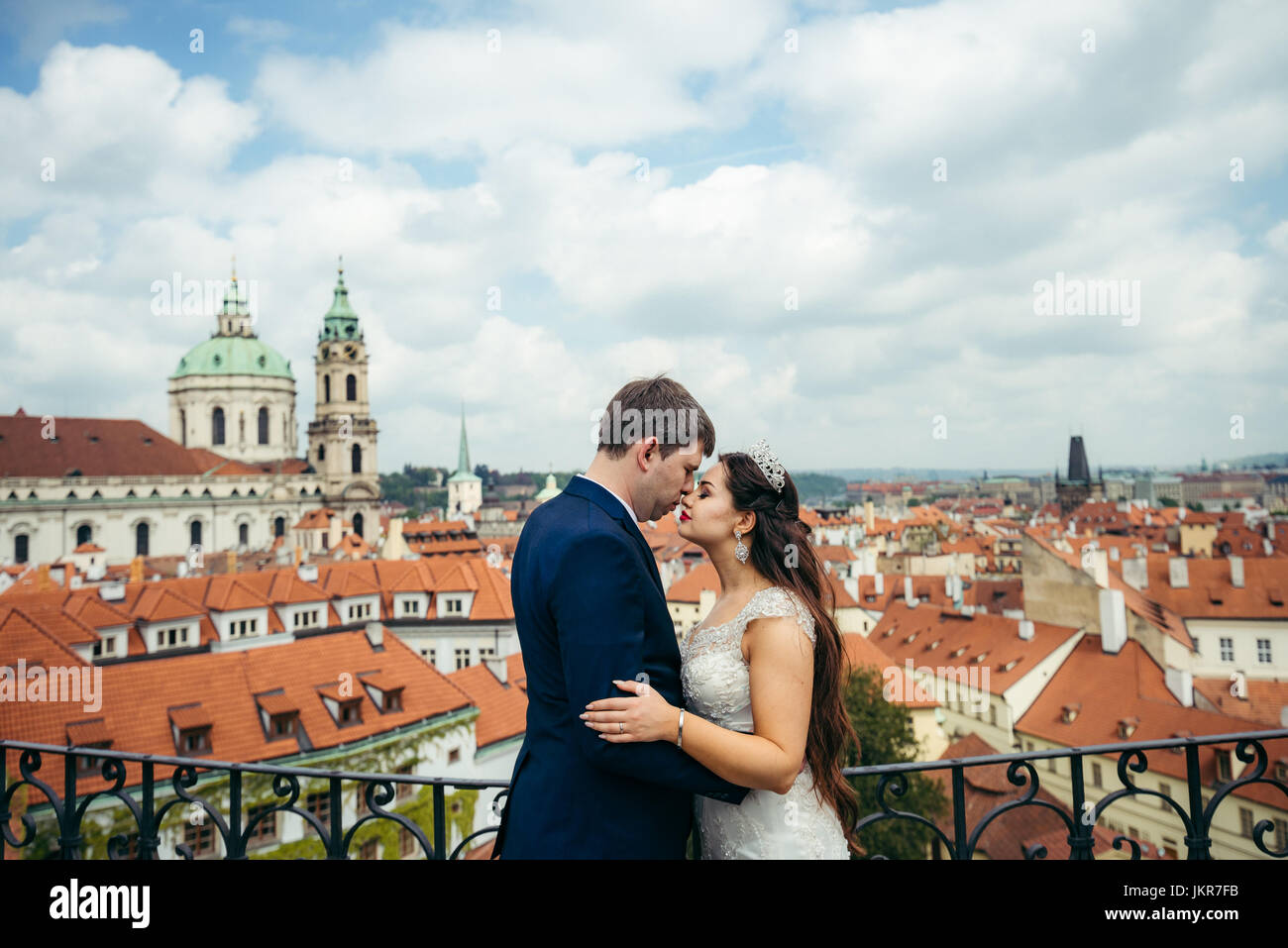 Sensual close-up side portrait of the lovely hugging newlyweds couple at the background of the ...