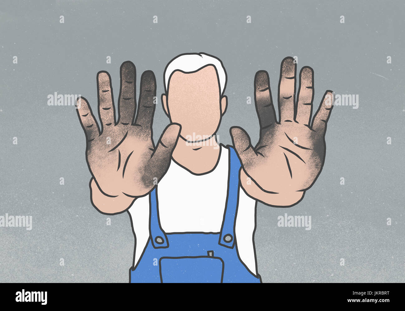 Manual worker showing messy hands while standing against gray ...