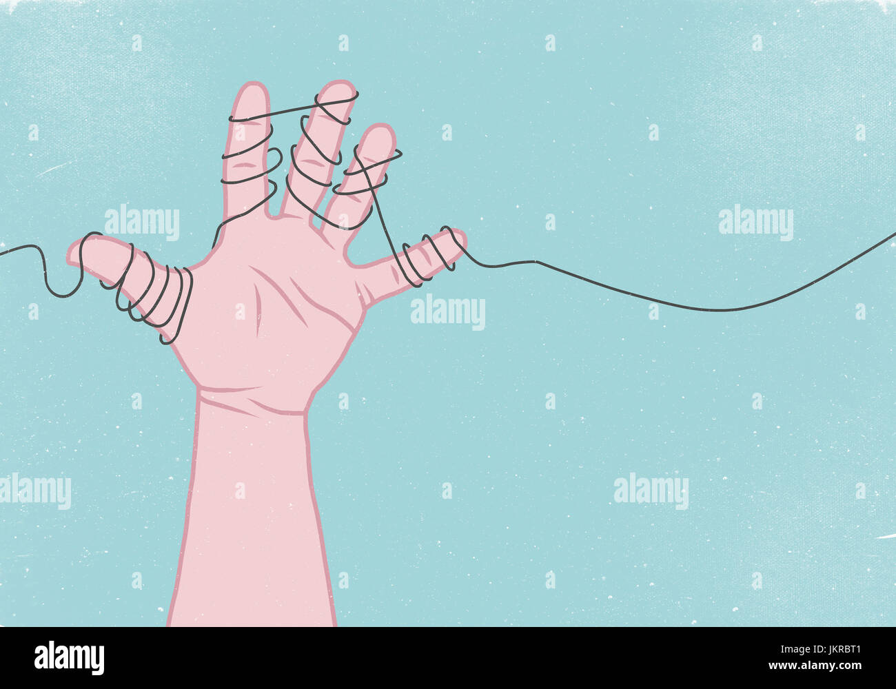 Cropped image of hand wrapped in thread against blue background Stock ...