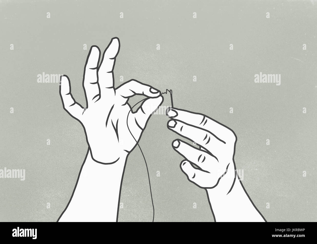 Cropped image of woman threading needle against gray background Stock ...