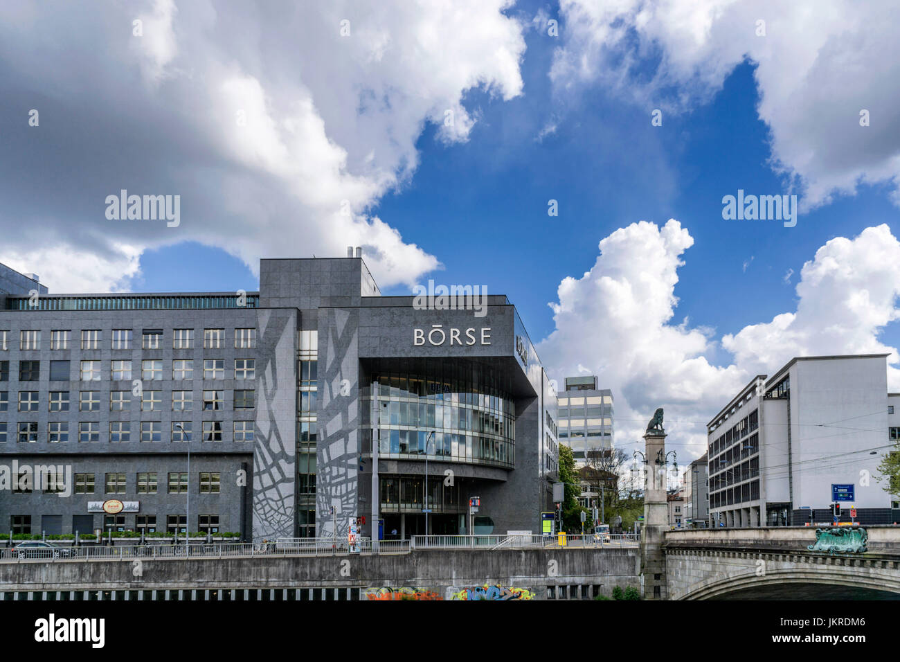 SIX Swiss Exchange, Boerse, Stauffacher bridge , lion sculpture, Zurich ...