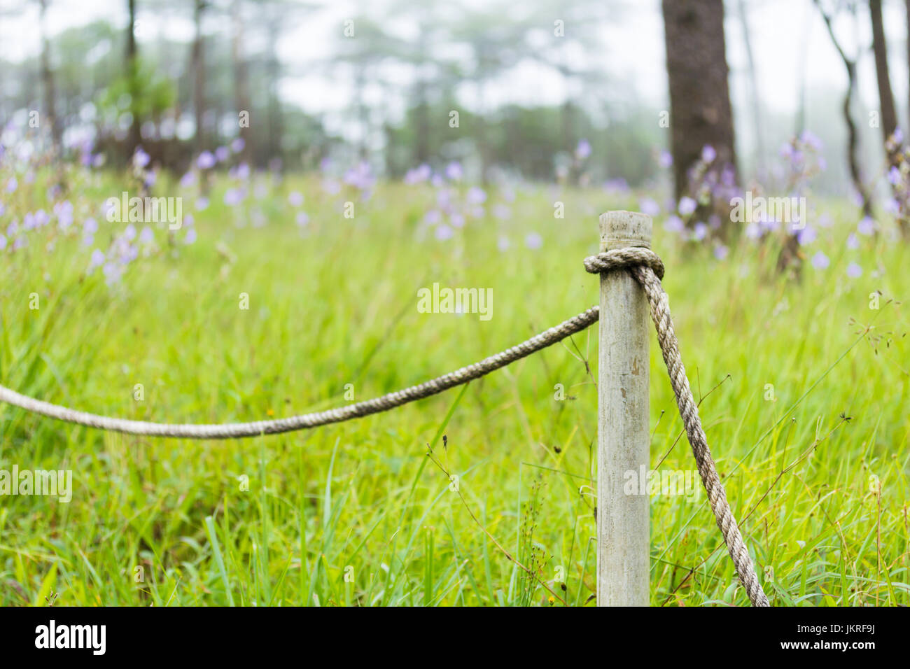 Wood and rope separate the field Stock Photo - Alamy