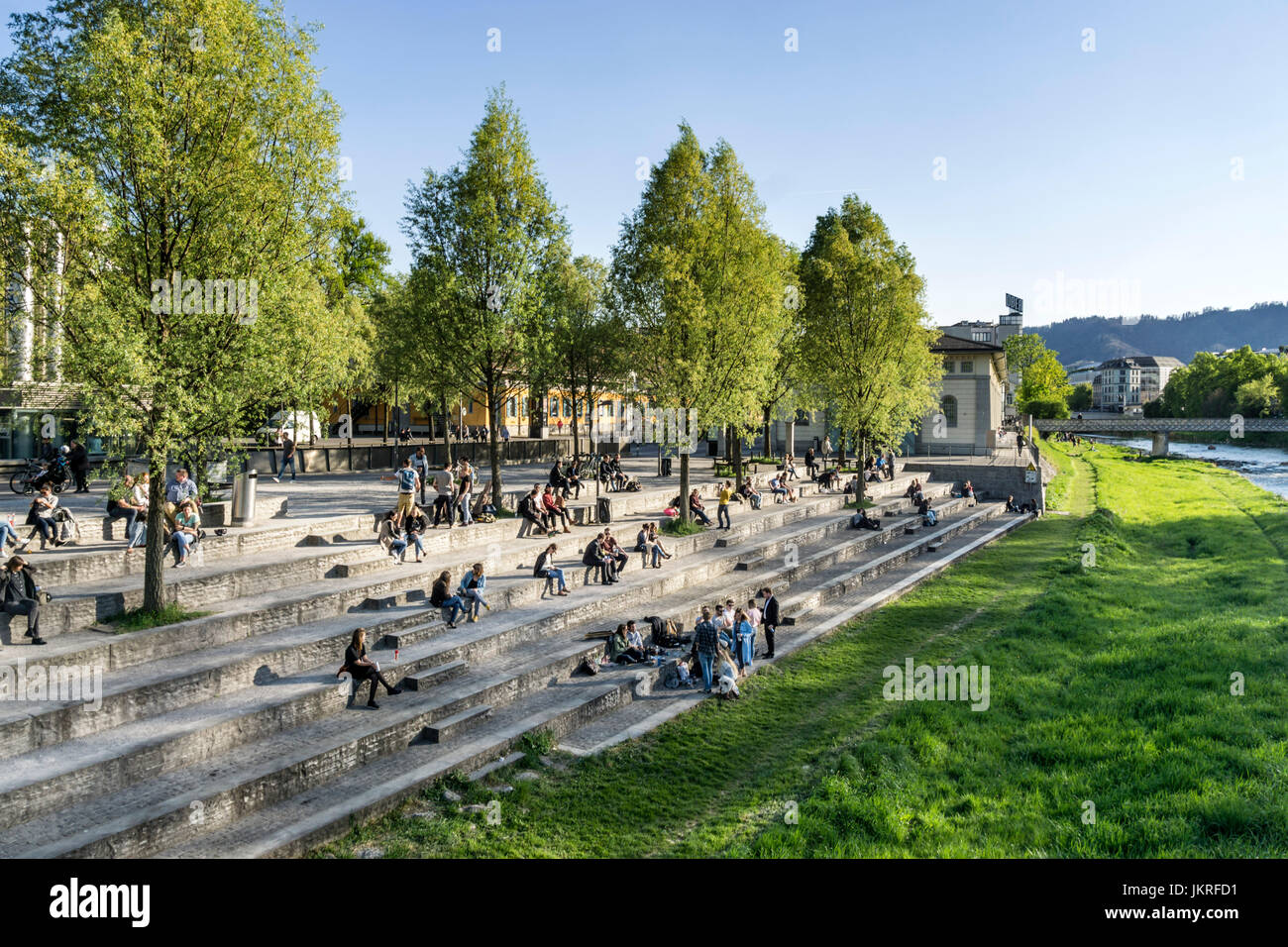 Sigi Feigel Terasse, people relaxing, river Sihl, Gessnerallee, Zurich ...