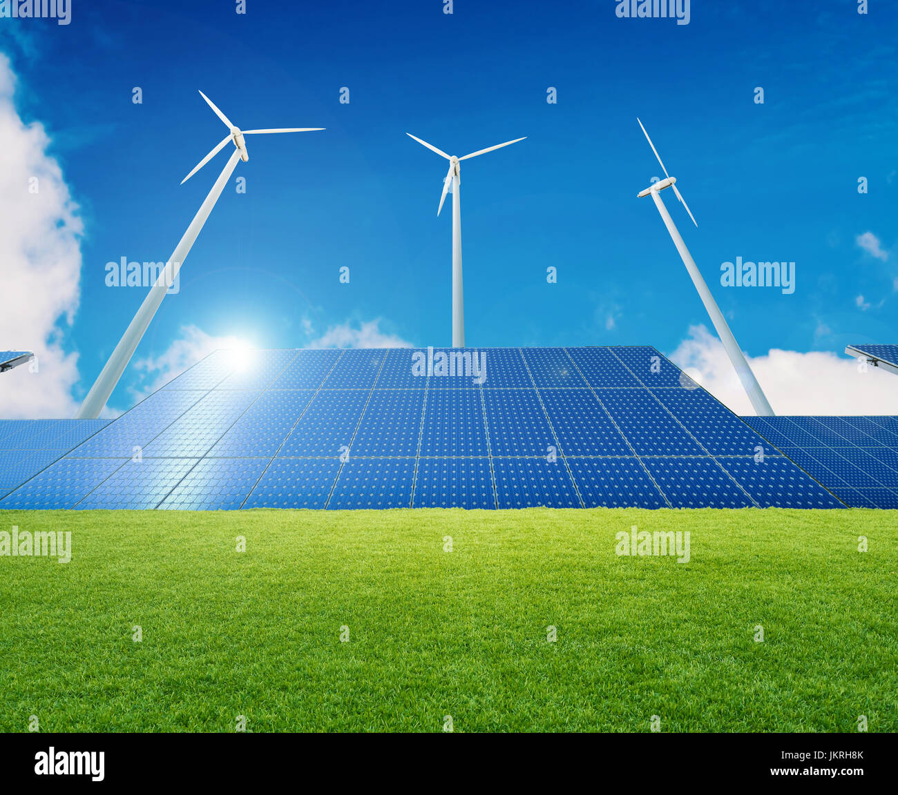alternative energy concept with 3d rendering wind turbines and solar ...