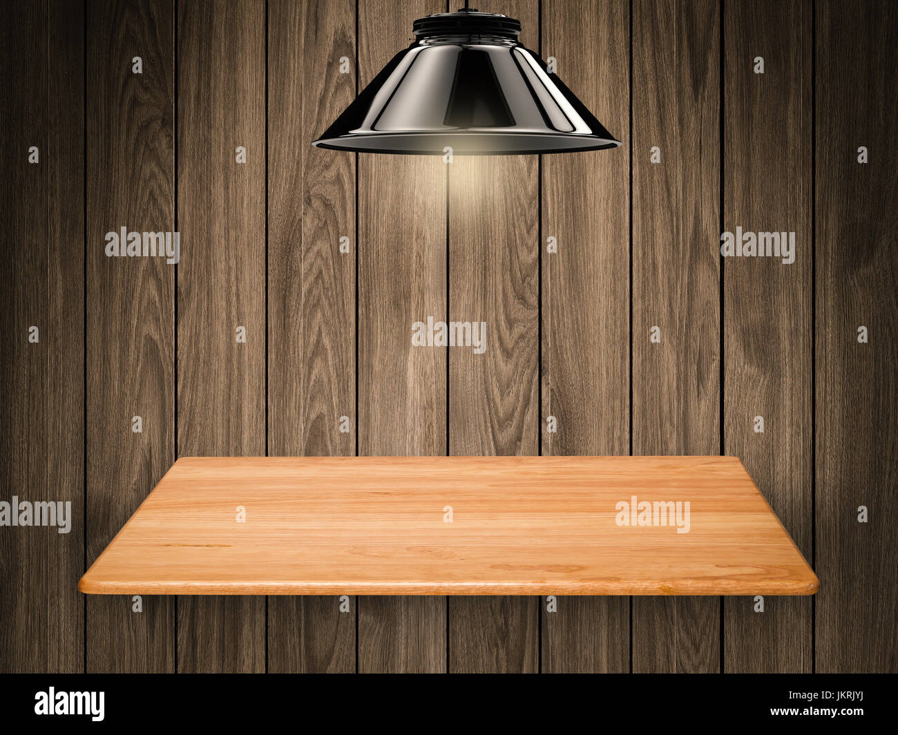 wooden shelf on wooden background with 3d rendering hanging light bulb ...