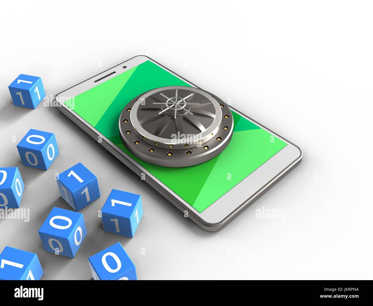 3d illustration of white phone over white background with binary cubes ...