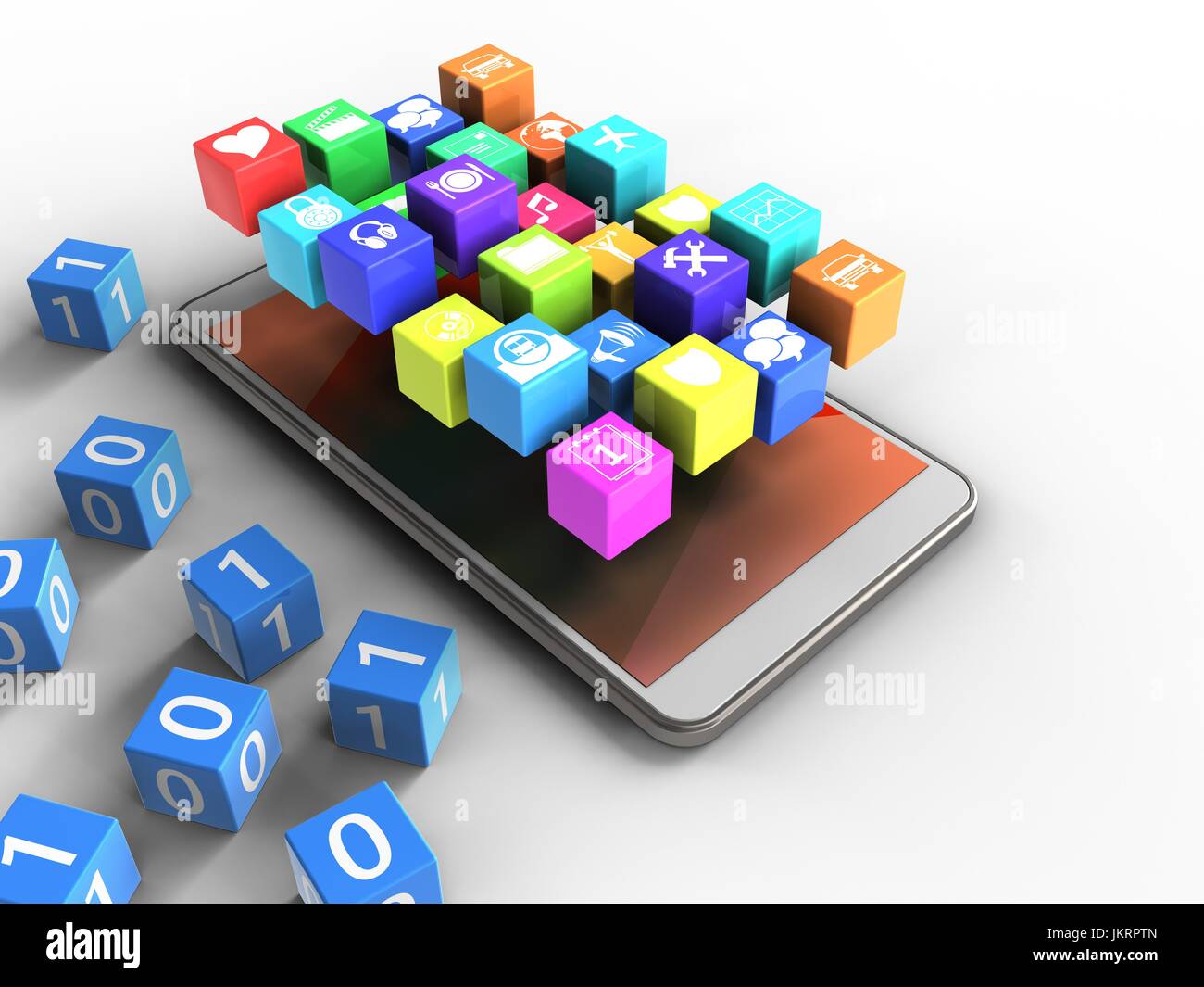 3d illustration of white phone over white background with binary cubes ...