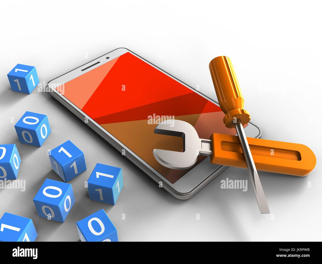 3d illustration of white phone over white background with binary cubes and repair tools Stock ...
