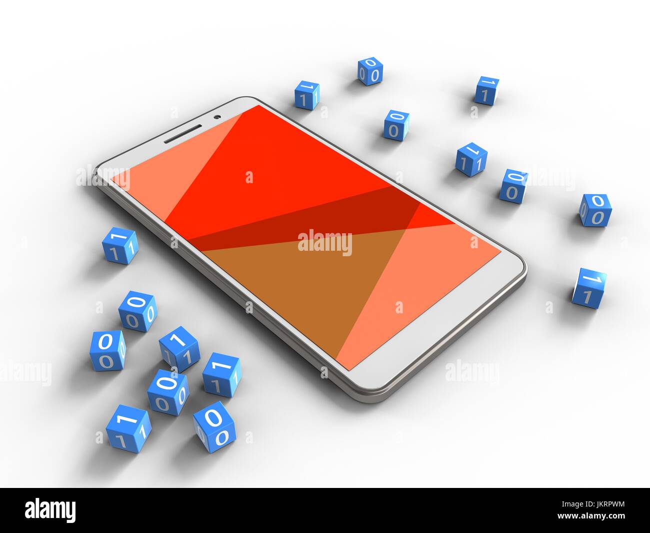 3d illustration of white phone over white background with binary cubes ...