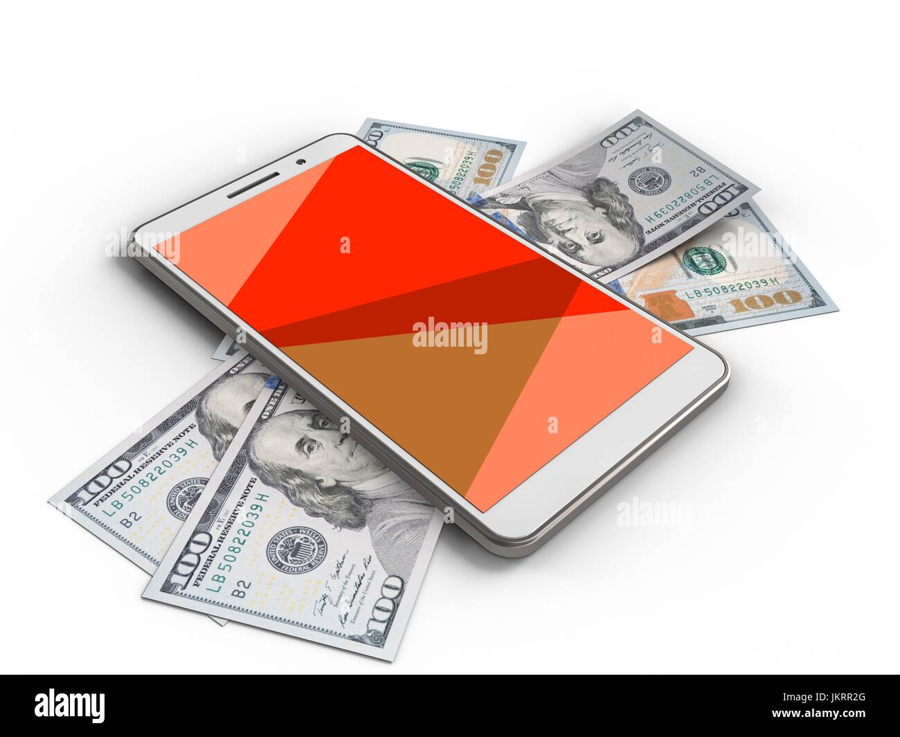 3d illustration of white phone over white background with banknotes and ...